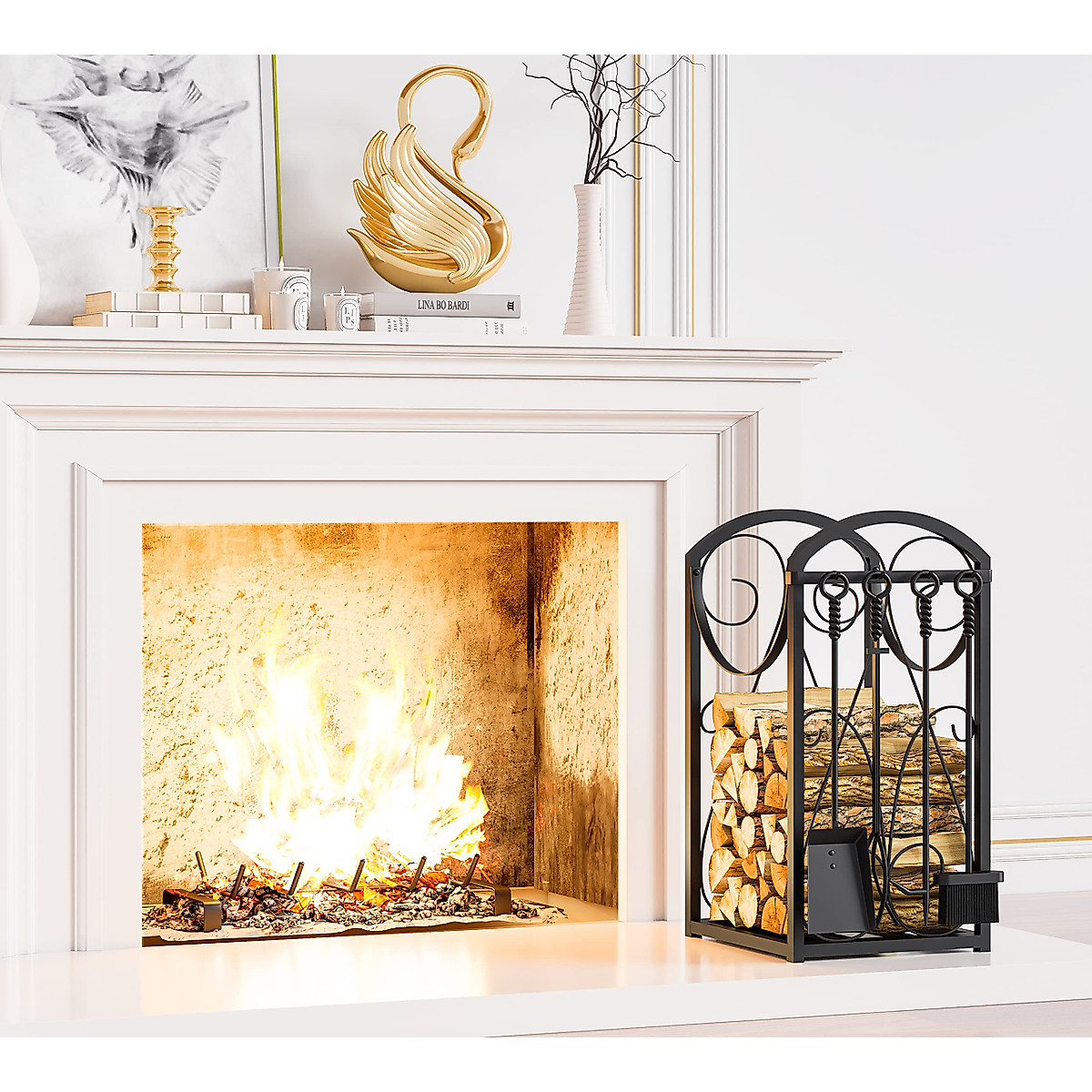 Kingson 5-Piece Firewood Log Rack With 4 Fireplace Tools Set Fireside Holder Wood Lumber Storage Stacking With Tongs Shovel Poker And Brush-Black