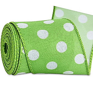 TONIFUL 2.5 Inch Wired Edge Ribbon, Green Polka Dots Burlap Ribbon, Summer Spring Wired Ribbon, for Gift Wrapping, Wreath Bows Making, Crafts Home Decoration, Easter Decor（Green，6yds）