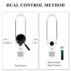 Ocean Loong Bladeless Tower Fan and Air Purifier in one, 90° Oscillating Bladeless Fan with Remote,Tilt Head, 9H Timer, Floor Fans for Bedroom Home, 38.6inch AC68P, White