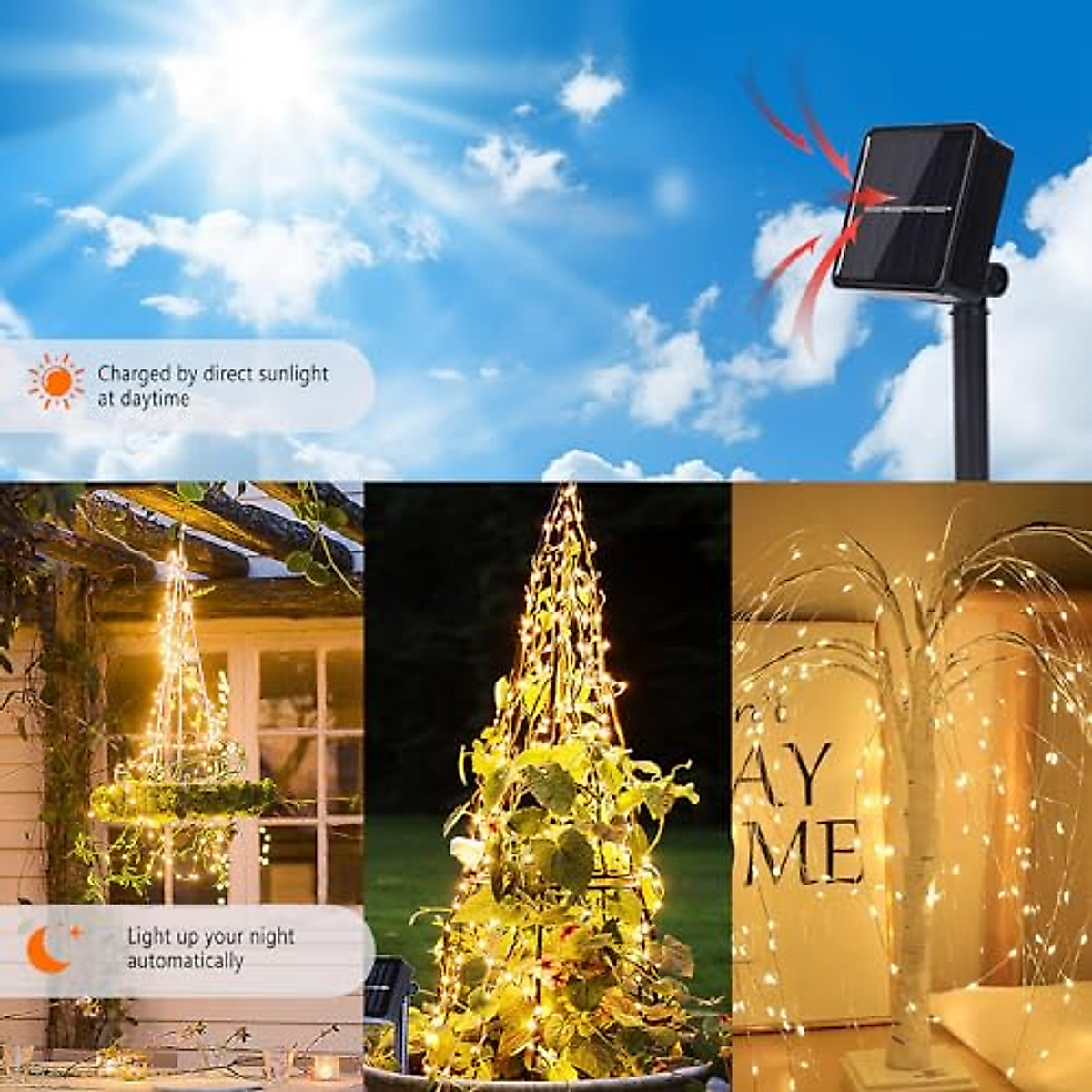 GLSbuld Solar String Lights Outdoor,2-Pack 66FT 200 LED Halloween Lights with 8 Modes, Solar Fairy Lights for Christmas Party Indoor Patio Yard Trees Wedding(Warm White)