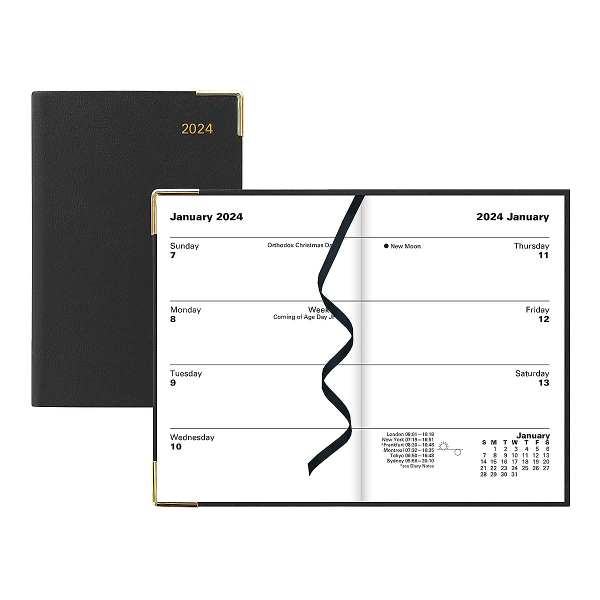 Letts of London Classic Weekly Planner, 12 Months, January to December, 2024, Gold Corners, Pocket Size, 4.25" x 2.75", Black (C32EBK-24)