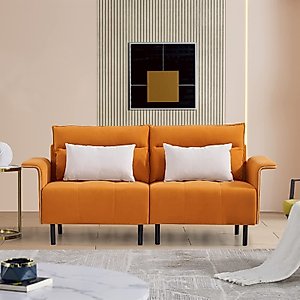 72” Velvet Loveseat Sofa, Mid Century Modern Decor Love Seat Couches for Living Room, Solid and Easy to Install Small Couch for Bedroom with Two Pillows (Orange)
