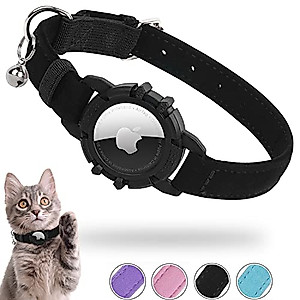 AirTag Cat Collar,FEEYAR Integrated Kitten Collar with Apple Airtag Holder[Black],Soft GPS Cat Collar with Air Tag Holder & Bell,Air Tag Cat Collars for Girl Boy Cats,Puppies,Lightweight Cat Tracker