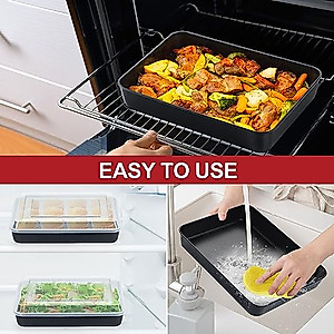 P&P CHEF Baking Pans with Lids Set, 9.7 x 12.5 Inch Rectangular Cake Baking Pan for Lasagna Brownie Bread, Stainless Steel Core & Nonstick Surface, Oven & Freezer Safe, 4Pcs - 2 Pans & 2 Lids