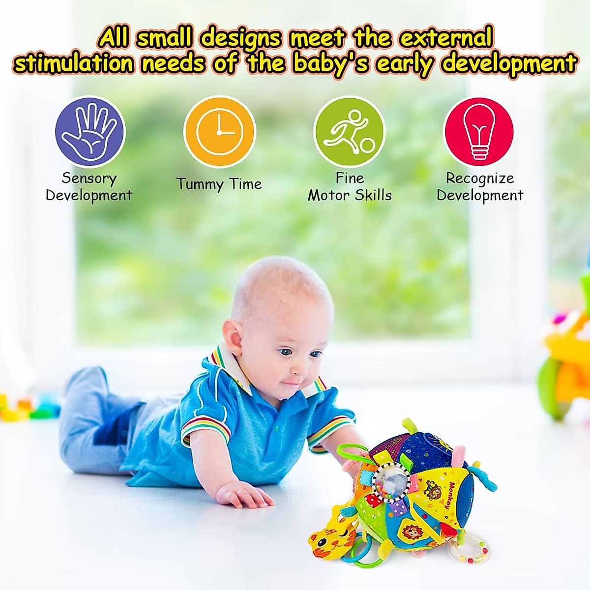 Busy Sensory Ball Baby Toys for 0-12 Months,Developmental Activity Ball Infant Toys with Baby Rattles Teether Crinkle Sounds,Discover Ball Gifts,Easy to Grasp Encourage Tummy Time Fine Motor Skills