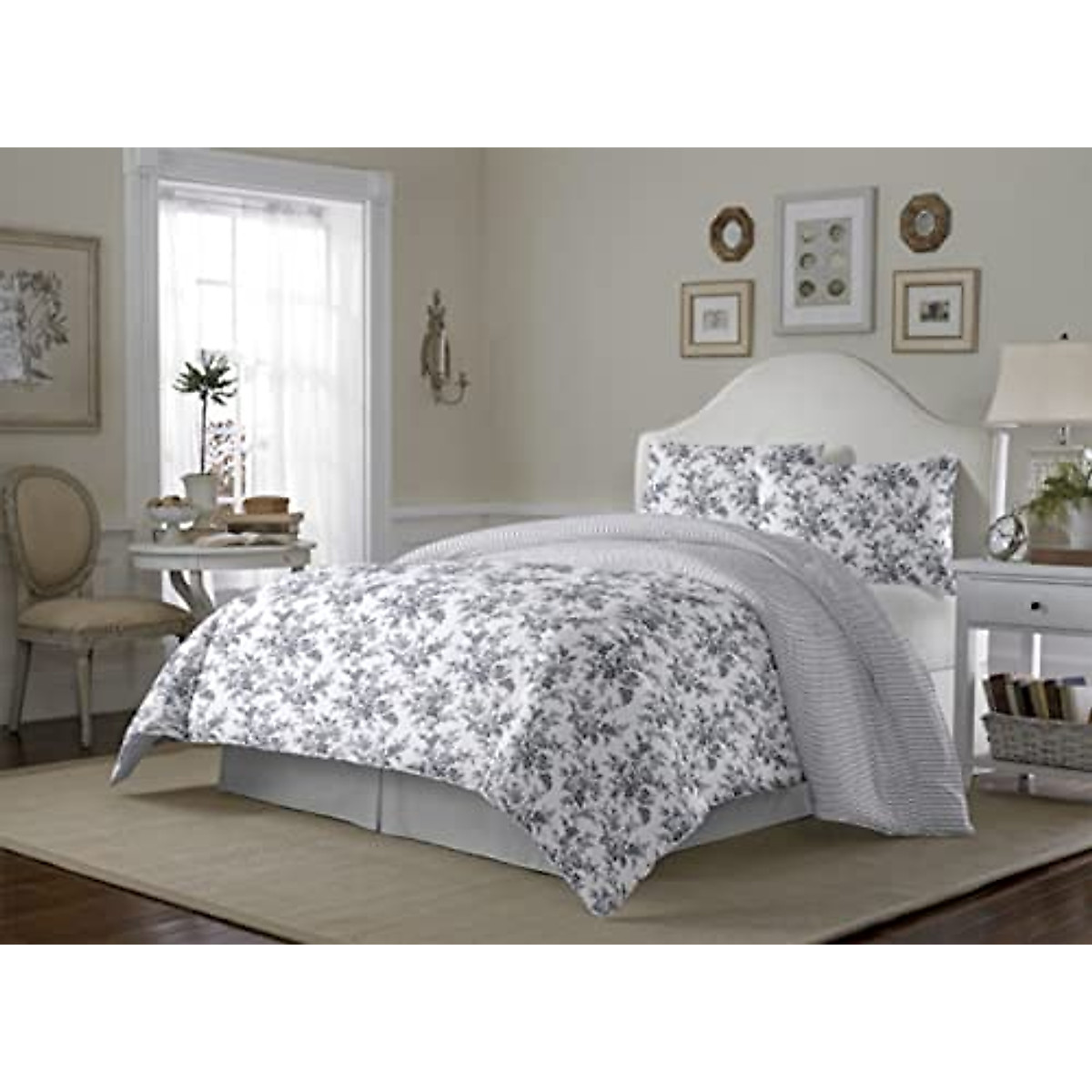 Laura Ashley Home - Queen Comforter Set, Reversible Cotton Bedding, Includes Matching Shams with Bonus Euro Shams & Throw Pillows (Annalise Grey, Queen), Shadow Grey/White