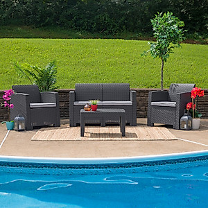 Flash Furniture Seneca Dark Gray Faux Rattan Loveseat with All-Weather Seneca Light Gray Cushions