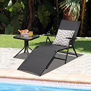 Tangkula Folding Lounge Chair Outdoor, Recliner Chaise Lounge with 5-Position Adjustable Backrest & 2-Position Footrest, No Assembly Required, Suitable for Patio Poolside Beach Yard (1, Black)