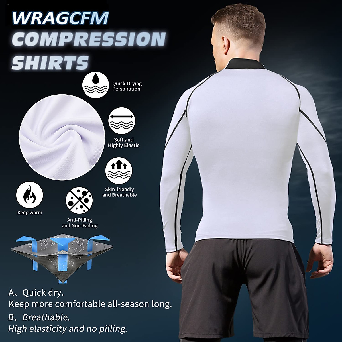 WRAGCFM Men's Compression Shirts Long Sleeve Athletic Running Cool Dry Active Tops Workout Sports Gym Baselayer（White，S）