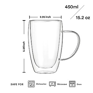 MARKABLE Interiorsbydebbi Selected Double Wall Glass Coffee Mug, 15.2 Ounces-Clear Glass Coffee Cup with Handle, Insulated Coffee Glass, Cappuccino Cup, Tea Cup, Latte Cup, Beverage Glass