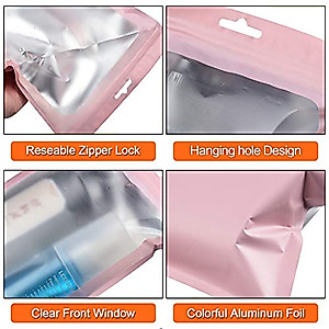 EONJOE 100-pack mylar packaging bags for small business sample bag smell proof resealable zipper pouch bags jewelry food Lip gloss eyelash phone case bracelet keychain package supplies etc -front frosted window -cute (Pink, 2.75×3.93 inches)