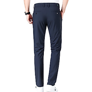 LUSHENUNI Men's Golf Pants Slim High Stretch, Ice Silk Dress Pants with Expandable-WAIS Pants (33, Blue)