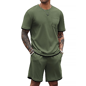 COOFANDY Men's Waffle Shirt and Shorts Set 2 Piece Outfits Casual Summer Tracksuits Set with Pockets