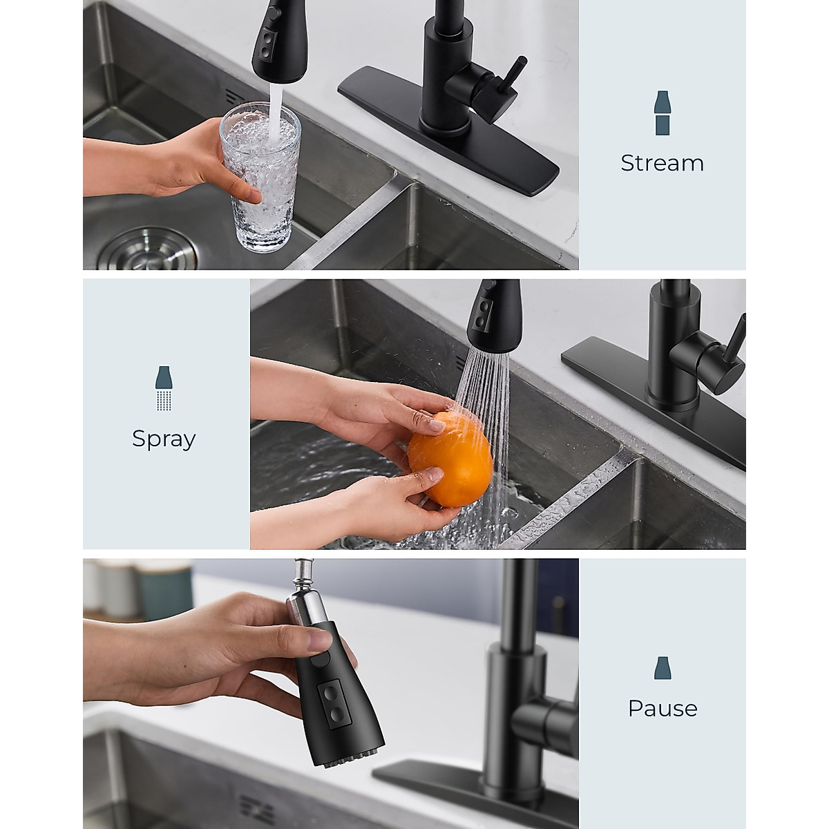 FORIOUS Black Kitchen Faucet with Soap Dispenser, Kitchen Faucet with Pull Down Sprayer, Classic Stainless Steel Kitchen Sink Faucet, Updated High Arc Single Hole Faucet for Kitchen Sink RV Bar Camper