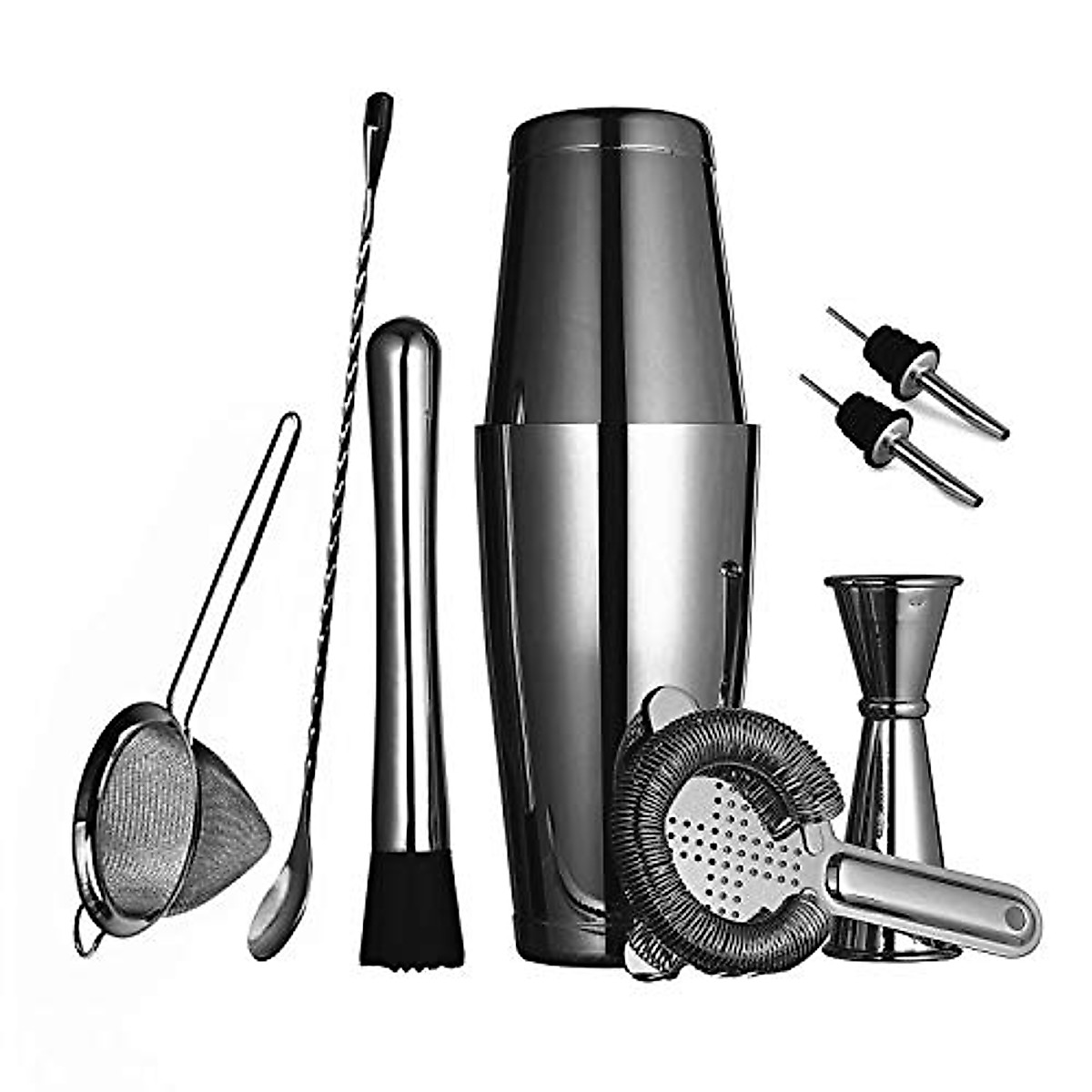 BarSoul Black Boston for Professional Bartender and Home Bar Including 18oz & 28oz Tins, Strainer, Measuring Jigger, Muddler, Mixing Spoon and Pourer (9 Piece), 2