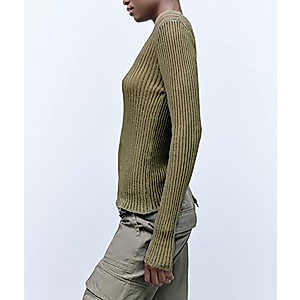 SAFRISIOR Women Sexy See Through Long Sleeve T-Shirts Mesh Sheer Skinny Rib Scalloped Trim Tees Blouse Top Outfits Khaki