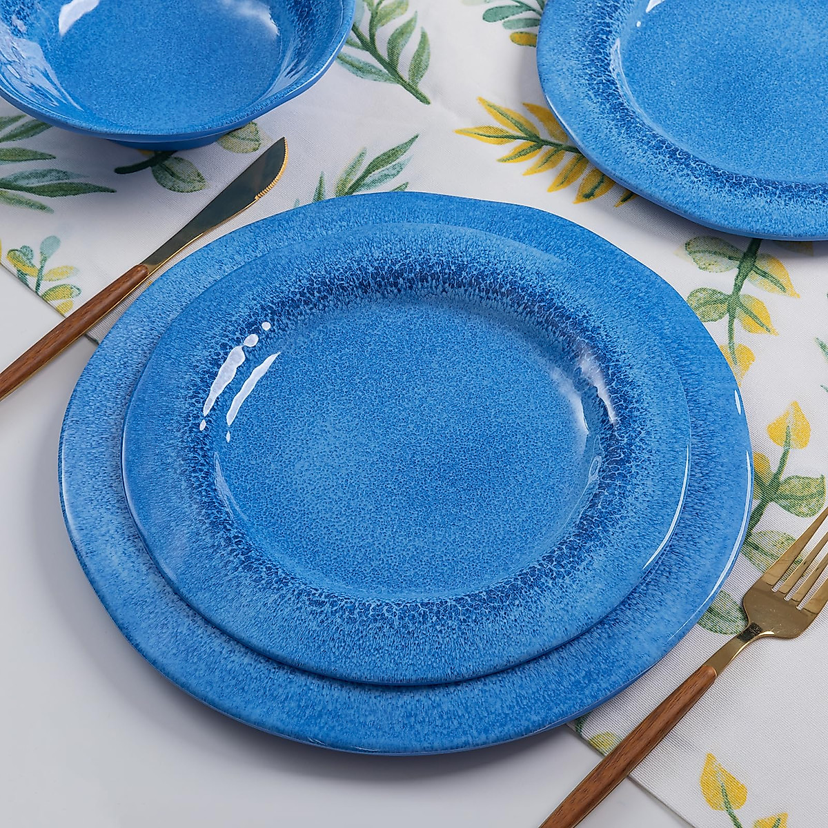 LEHAHA Melamine Dinnerware Sets, Dishes Sets for 4, 12 Piece Plates and Bowls Sets, Unbreakable BPA Free Reactive Blue Ceramic Design Plates Set for Indoor and Outdoor Use, Dishwasher Safe