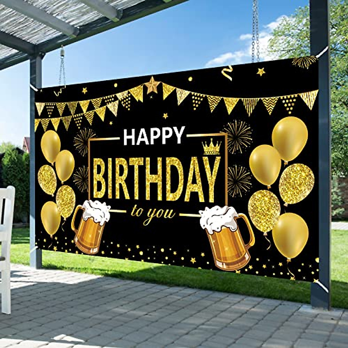 Black and Gold Happy Birthday Banner Decorations, Black Gold Happy Birthday Theme Backdrop Party Sign Supplies, 21st 30th 40th 50th 60th 70th 80th Birthday Poster Background Photo Booth Props Decor