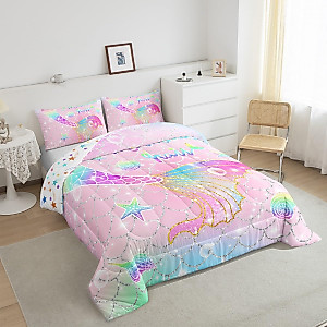 Feelyou Mermaid Comforter Set Twin Size for Kids Girls Rainbow Pink Mermaid Tail Printed Bedding Set Cute Reversible Stars Quilt Bed Set Sparkle Mermaid Fish Scale Bedroom Glitter Decor All Season