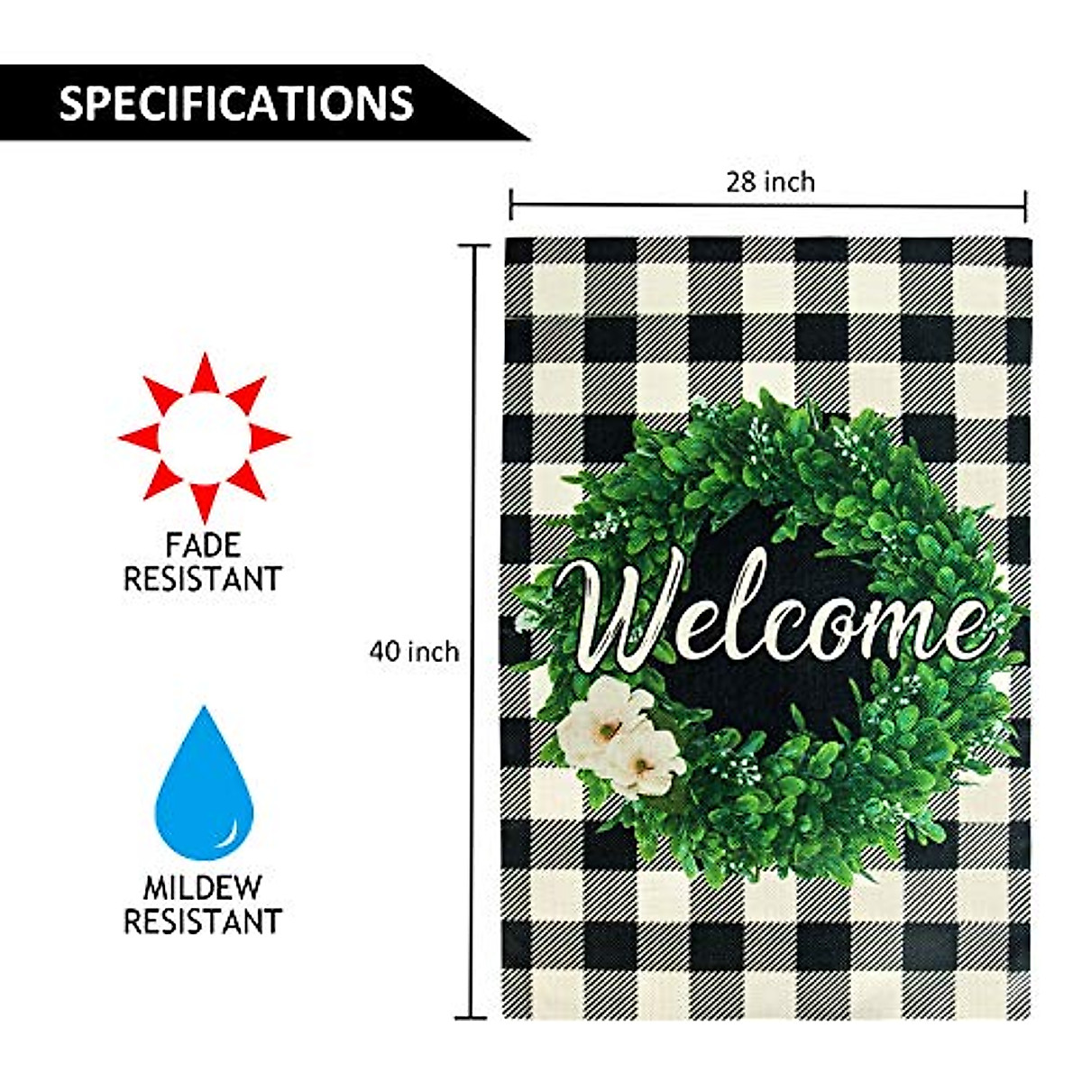 Unves Boxwood Wreath Welcome Spring Flag 28 x 40 Double Sided, Burlap Buffalo Check Plaid Winter House Flags Rustic Farmhouse Spring Winter Yard Garden Decor, Large Welcome Flag