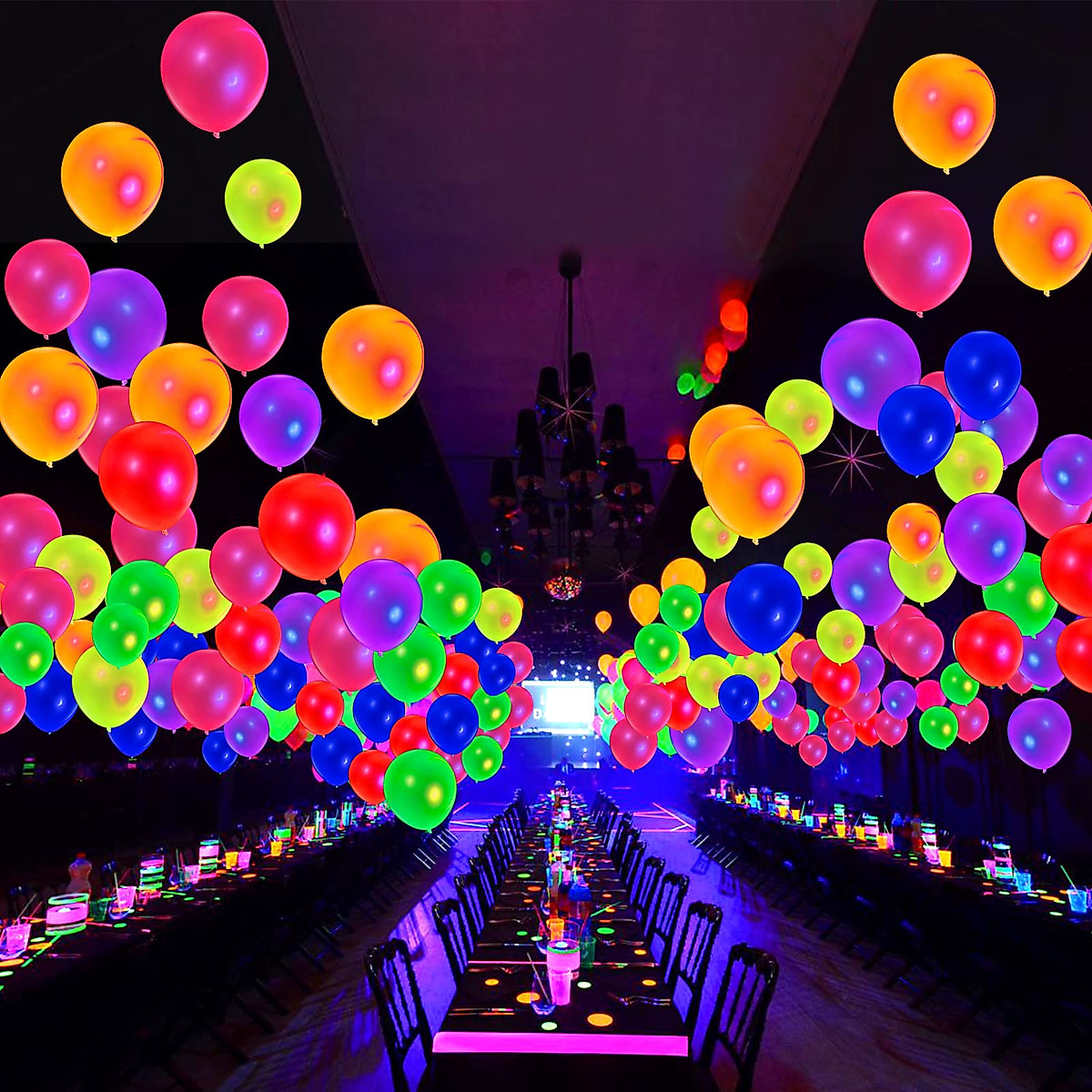100 Pcs Neon Balloons, 12”UV Colorful Blacklight Balloons Glow in the Dark Luminous Helium Latex Balloon for Birthday, Wedding, Neon Party, Glow Party Decorations Supplies
