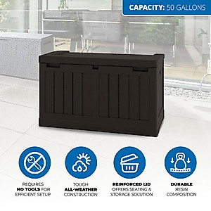 Suncast 50 Gallon Medium Capacity All Weather Construction Resin Outdoor Storage Deck Box with Bench Seat and Lid for Patio, Garden, or Pool, Java