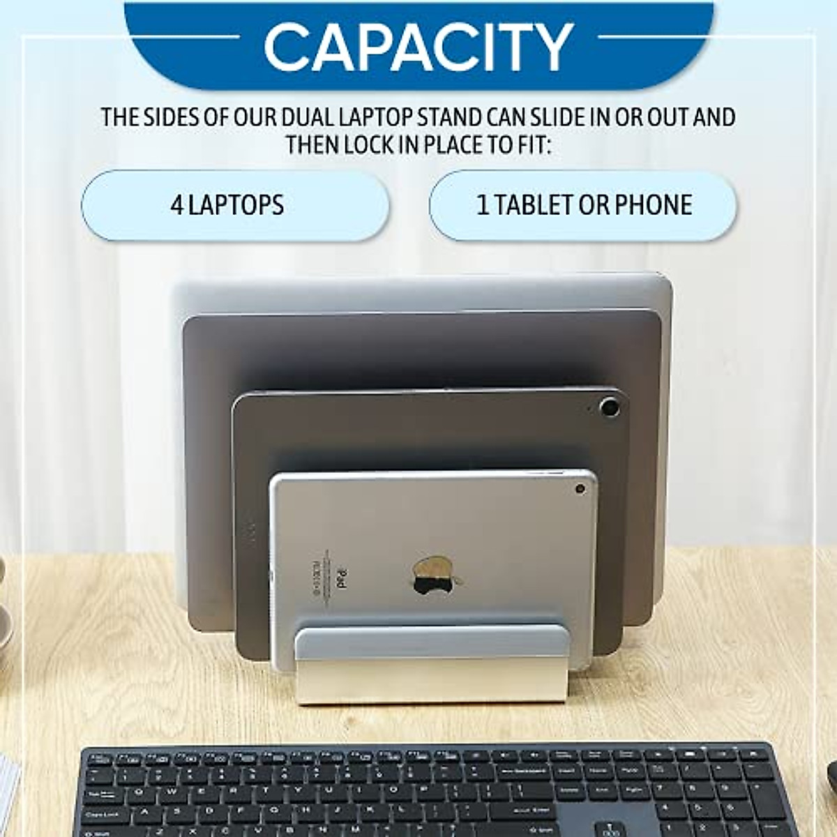 Elestoria Multiple Laptop Holder Vertical – Adjustable Laptop Vertical Stand Holds 5 Devices, Fits All MacBooks Laptops Tablets and Mobiles (up to 17.3”). Closed Upright Vertical Laptop Stand for Desk