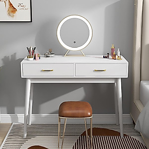 Rotihom Small White Desk with 2 Drawers, Modern Writing Desk for Small Spaces, Home Office Desk for Study, Laptop Computer Desk for Work, Makeup Vanity Table for Bedroom (White)