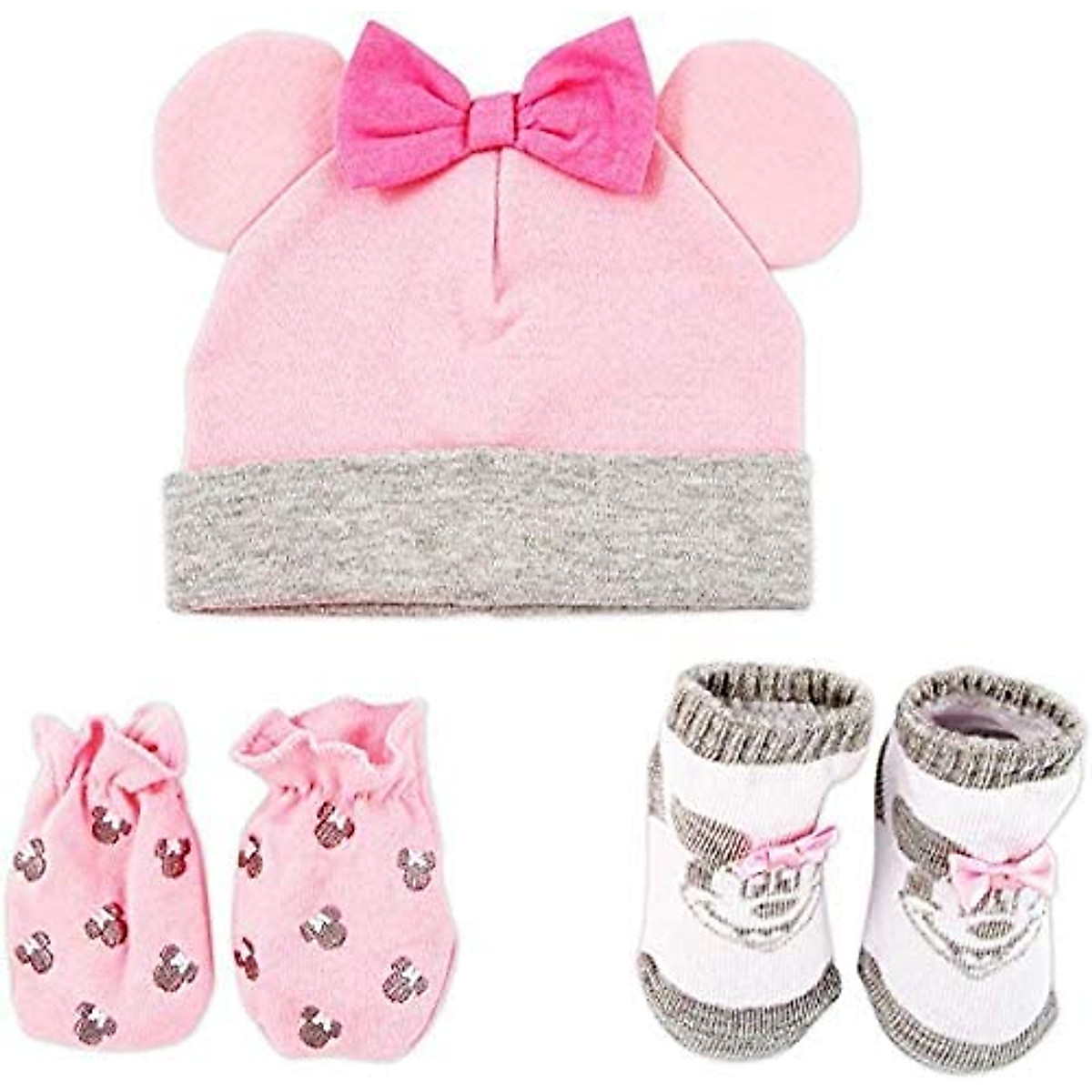 Disney Baby Girls' Minnie Mouse Take Me Home Layette Gift Set - 3 Piece Hat, Booties, and Mittens (Newborn), Size 0-3 Months, Minnie Pink Giftset