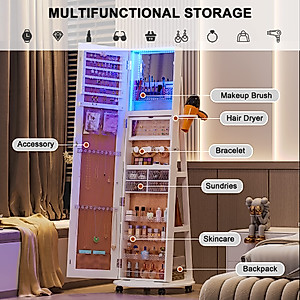 HNEBC 360° Swivel Jewelry Armoire with Mirror, LED Mirror Jewelry Cabinet Standing, Full Length Mirror with Jewelry Storage, Standing Jewelry Organizer/Lockable Wheels/Foldable Makeup Shelf (White)