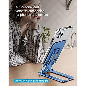 MEISO Cell Phone Stand, Fully Foldable Phone Holder for Desk, Desktop Mobile Phone Cradle Dock Compatible with iPhone, Samsung Galaxy, iPad Mini, Tablets Up to 10” (Navy Blue)