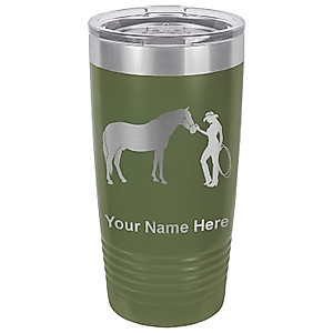 LaserGram 20oz Vacuum Insulated Tumbler Mug, Horse and Cowgirl, Personalized Engraving Included (Camo Green)