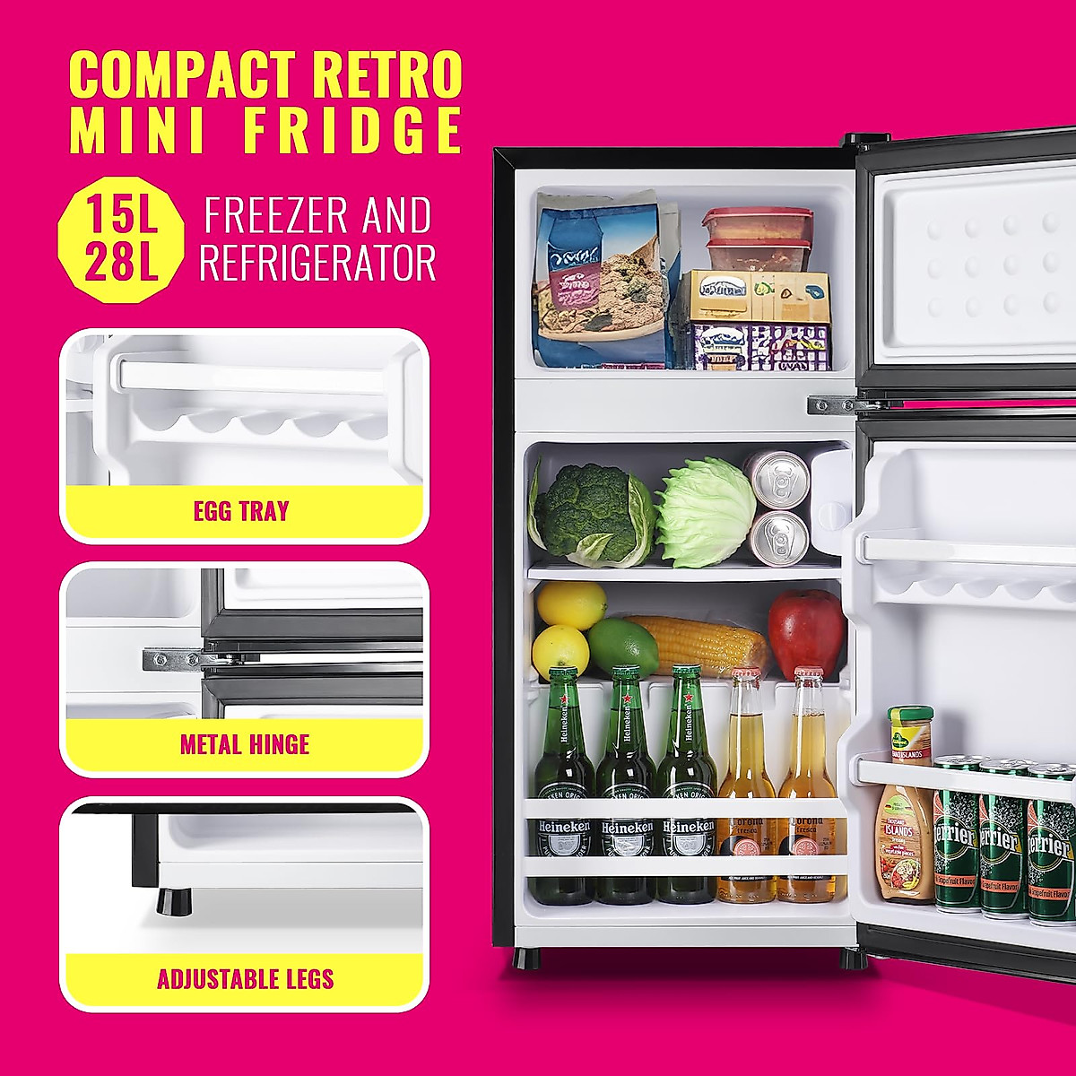 DEMULLER 2.4 Cu.ft Mini Fridge with Top Freezer Apartment Size Dual Door Compact Refrigerator for Personal Use Small Fridge with Egg tray, 7 Temperature Control For Dorm, Silver