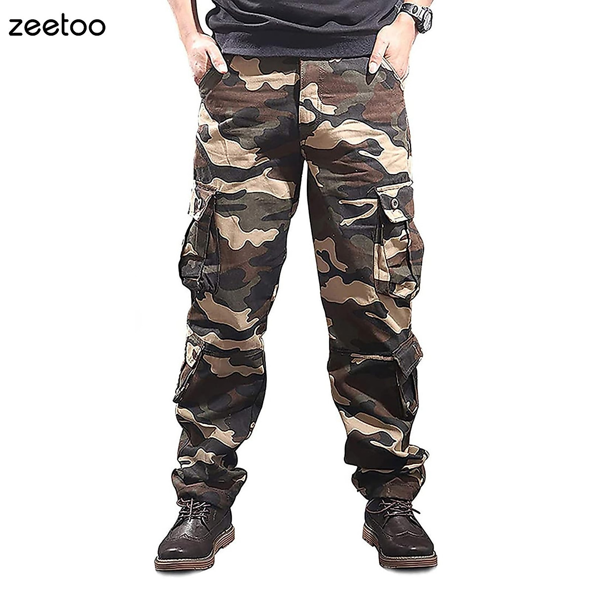 zeetoo Mens Relaxed-Fit Cargo Pants Multi Pocket Military Camo Combat Work Pants GZ03 Khaki Camo