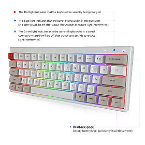 Ractous RTK61BP 60% Wireless Mechanical Gaming Keyboard,RGB Blacklit PBT Sublimation Keycaps 61keys Bluetooth5.1/Wried Gaming Keyboard for PC/Mac Gamers,Hot-Swap Gateron Optical Red Switch-White