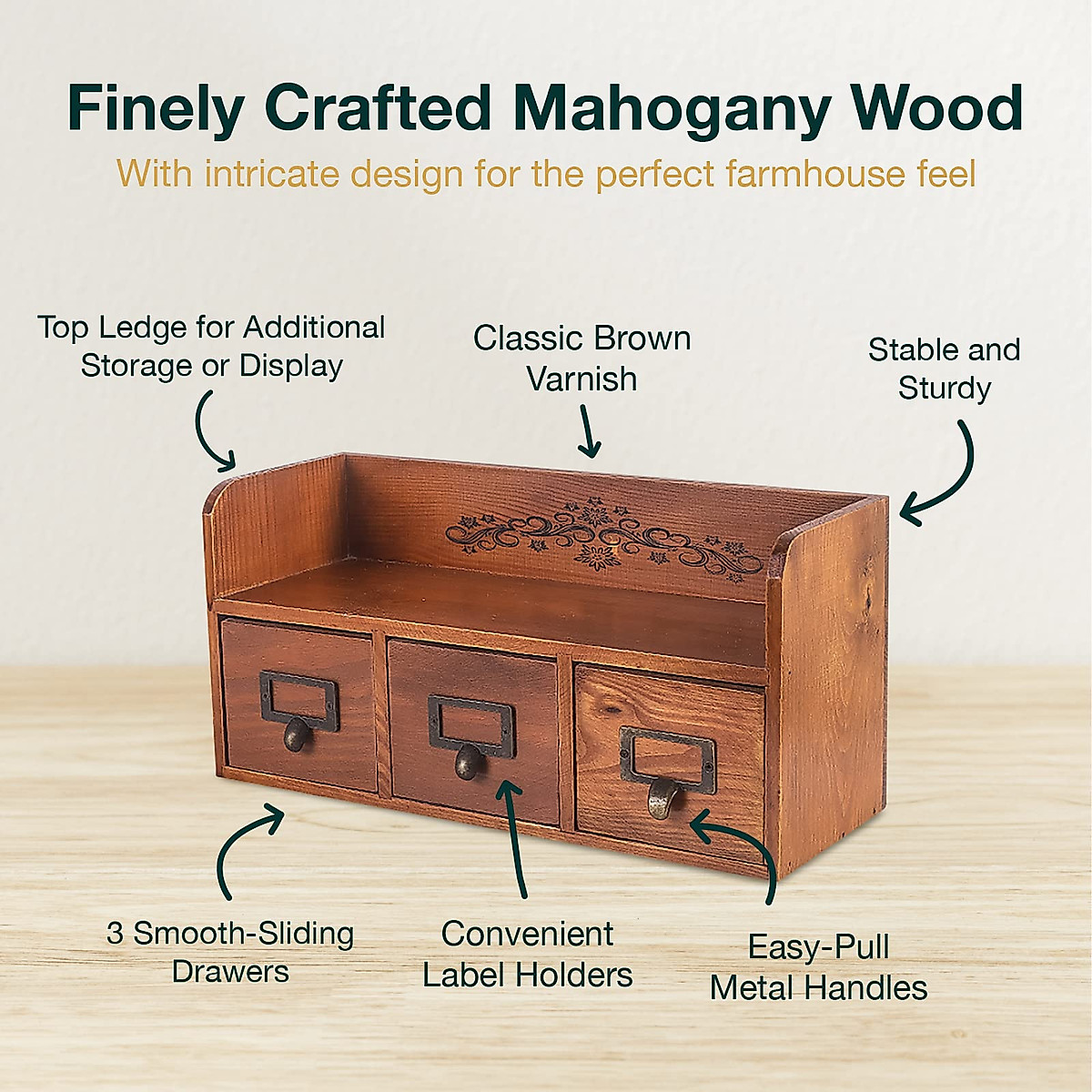 Vintage Farmhouse Wooden Desktop Cabinet with 3 Drawers - Mahogany Wood ...