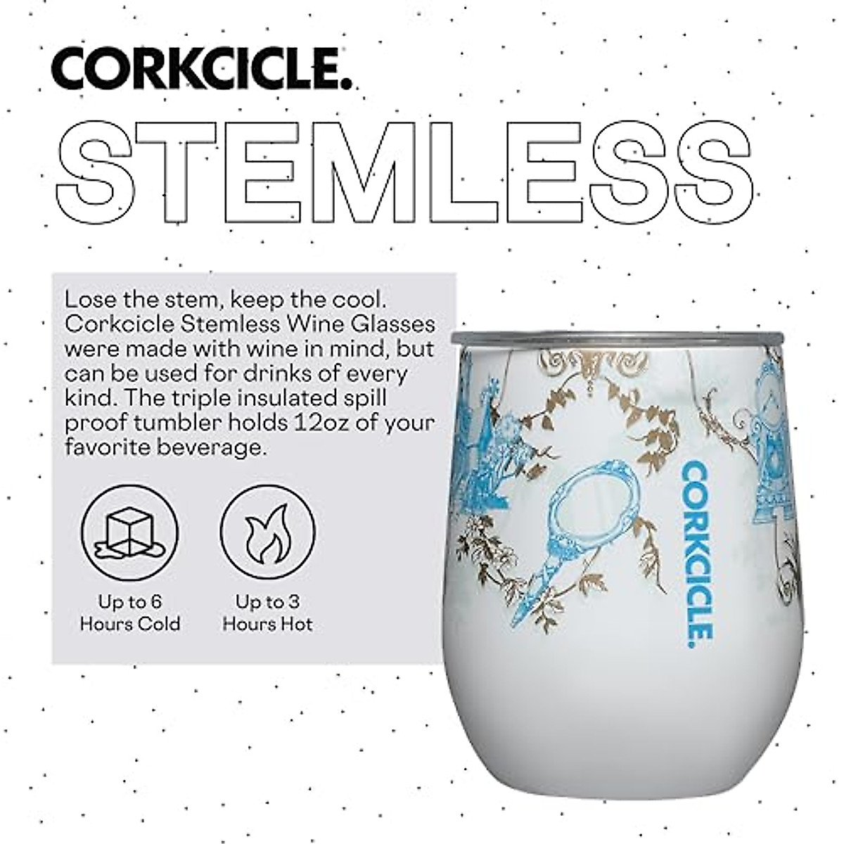 Corkcicle Disney Princess Belle Stemless Wine Glass Tumbler, Triple Insulated Stainless Steel Construction, Sliding Shatter-Proof Travel Lid, Keeps Beverages Chilled for 9 Hours, 12 oz