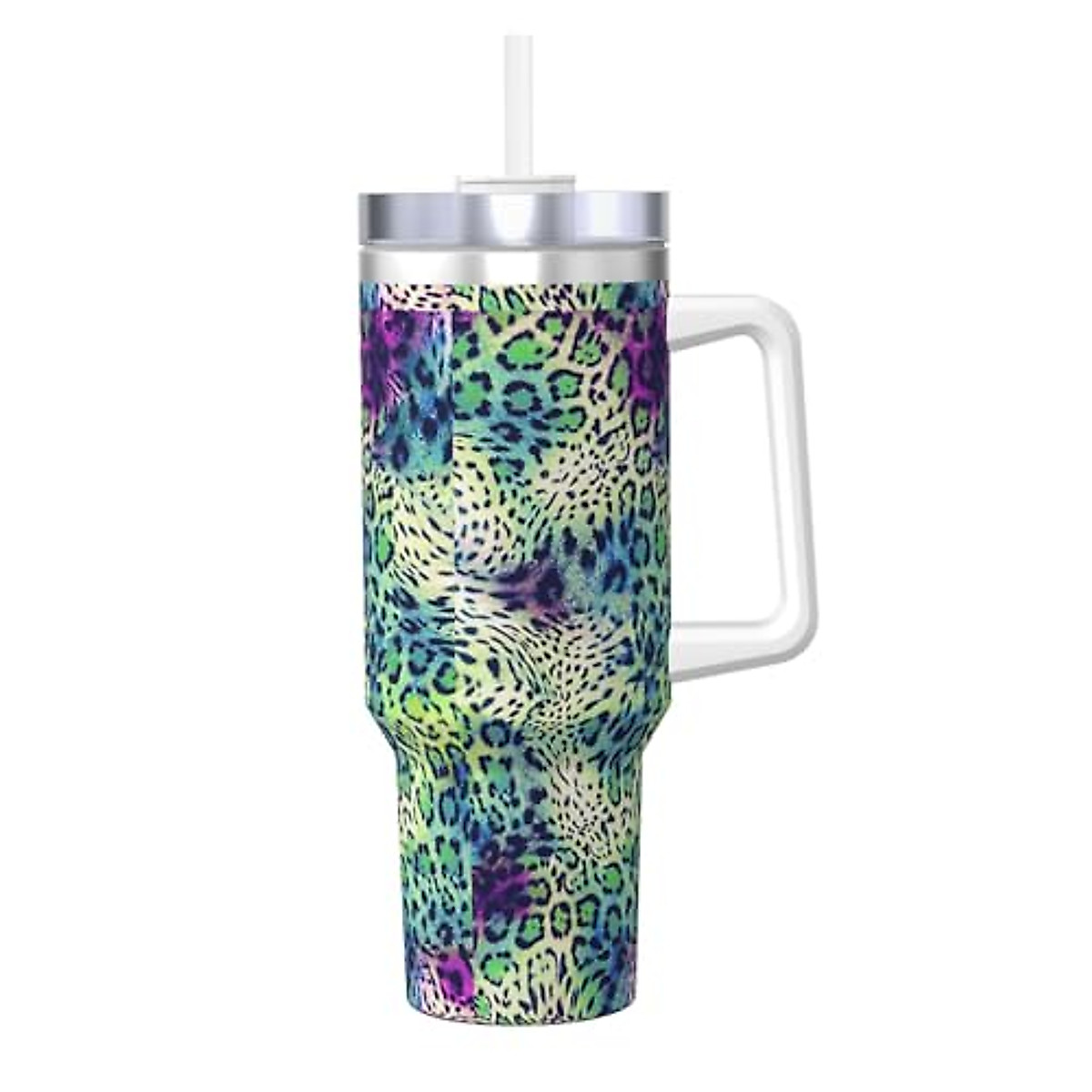 HULIBIN Green Leopard Print Double Deck Stainless Steel Travel Coffee Cup With Lid 40 Oz Ice Bully Cup