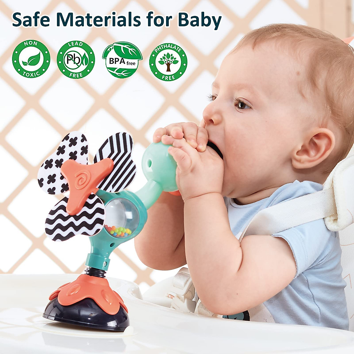 BABYFUNY 2 in 1 Baby Rattles Toys High Chair Toys with Suction Cups - Suction Toys for Baby Table Tray Bath Travel Toys, Shake Grab Spin Turn Baby Toys 6 to 12 Months as Baby Birthday Gift