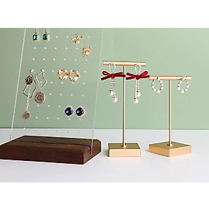 GemeShou 2pcs Metal T Bar Earring Stand Gold Single Earring Display T Stand for shows Jewelry Photography Props【Gold-Square Base 2pcs Height 4.3" and 5.1"】