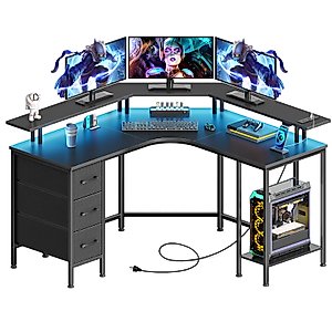 Seventable Corner Desk with Power Outlets & 3 Drawers, 44.6" Reversible Small L Shaped Computer Desk with LED Lights, Gaming Desk with Storage Shelves, Home Office Desk with Monitor Stand, Black