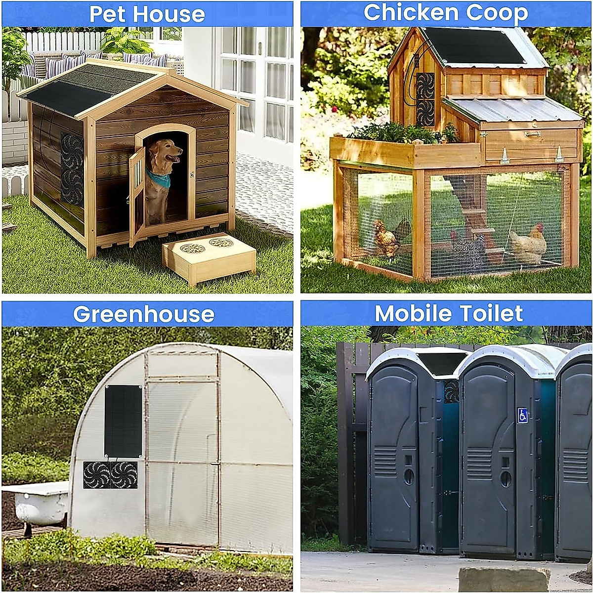 Solar Panel Fan Kit, JINHOMSOLAR 10W Dual Fan with 6.5Ft/1.9 m Cable for Small Chicken Coops, Greenhouses, Doghouses,Sheds,Pet Houses, Window Exhaust