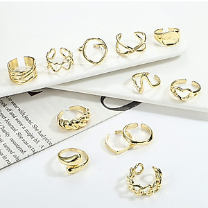 FINREZIO 12PCS Gold Dome Chunky Rings for Women 18K Gold Plated Braided Twisted Signet Ring Croissant Thick Dome Rings Band Statement Jewelry Adjustable