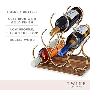 Twine Pyramid Rack, Holds 6 Standard Wine Bottles, Wood Base, Gold, Set of 1,10546
