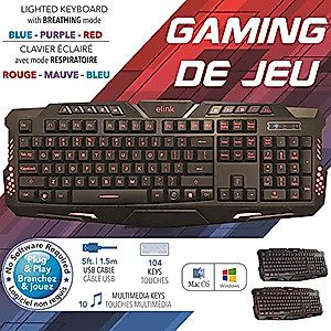 Elink - 104 Key USB Gaming Keyboard, 5 Feet Cable, Blue, Red or Purple Backlight