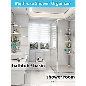 MIYA Adjustable Shower Caddy Corner Tension Pole, 4.5-9.5 FT Standing Corner Shower Organizer, 4-Tier Bathroom Storage Shelf for Inside Shower, Rustproof White Bathtub Caddies with Hooks, Drill Free