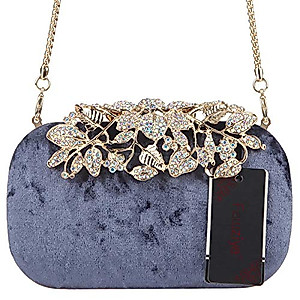Fawziya Flower Clutch With Rhinestones Velvet Clutches For Women-Grey