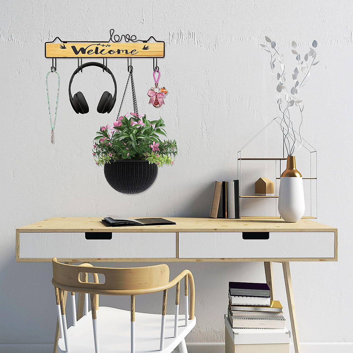 Betinyar 2 Pack Wood Coat Rack Wall Mount, Wall Coat Hangers for Entryway, Key Holder for Wall, Wood Wall Coat Rack with 5 Hooks, Key Rack for Coat Hat Bag Key Storage Organizer(Black+Gold)