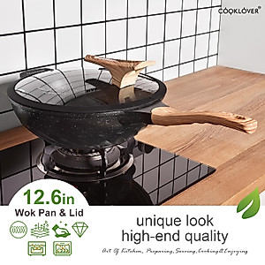 COOKLOVER Nonstick Woks And Stir Fry Pans Die-cast Aluminum Scratch Resistant 100% PFOA Free Induction Wok pan with Lid 12.6 Inch - Black