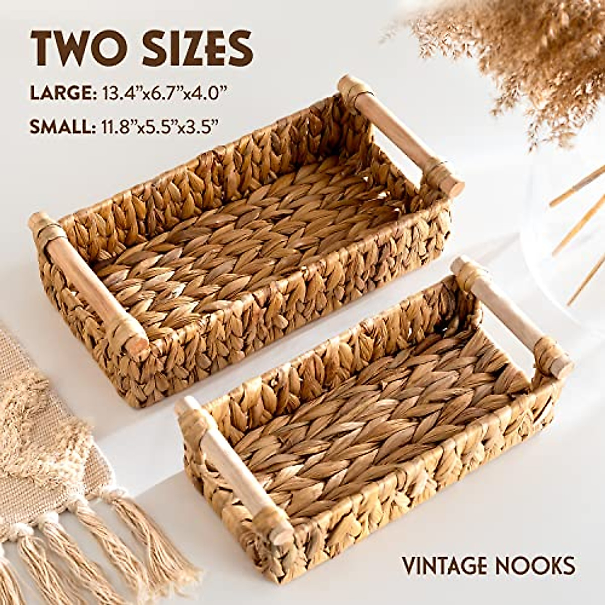Toilet Paper Basket for Back of Toilet - Set of Two Small, Wicker, Hyacinth Bathroom Baskets for Toilet Paper and Towel Storage (Color: Light Brown)